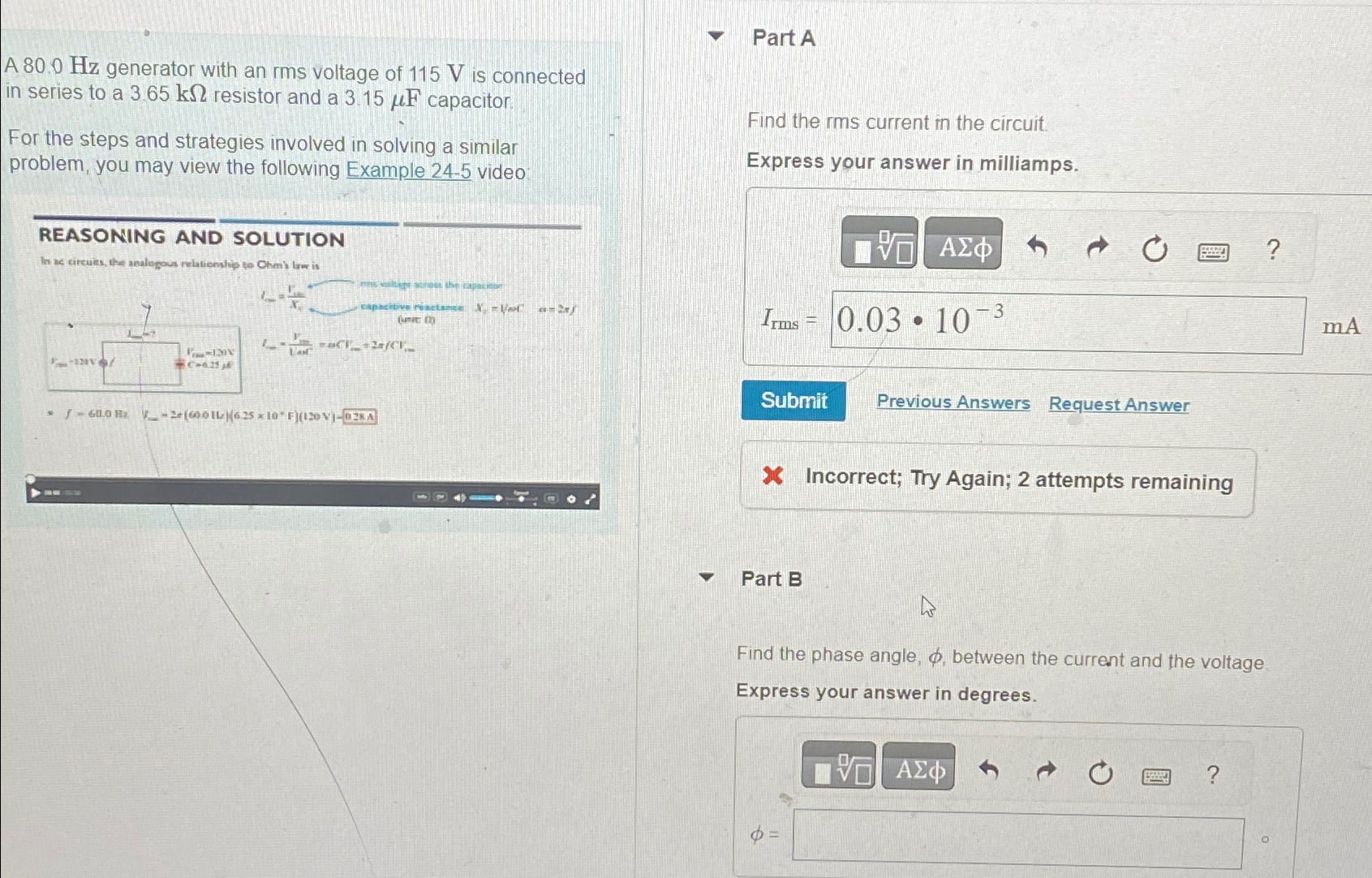 Solved Part AA 80.0Hz ﻿generator with an rms voltage of 115V | Chegg.com