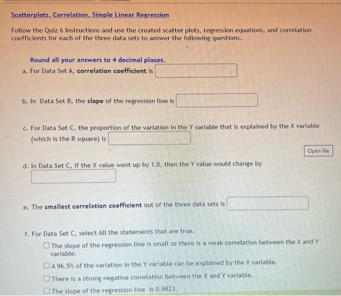 Solved Scatterplots, Correlation, Simple Linear Regression | Chegg.com