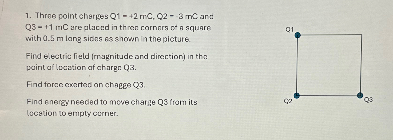 Solved Three point charges Q1=+2mC,Q2=-3mC ﻿and Q3=+1mC ﻿are | Chegg.com
