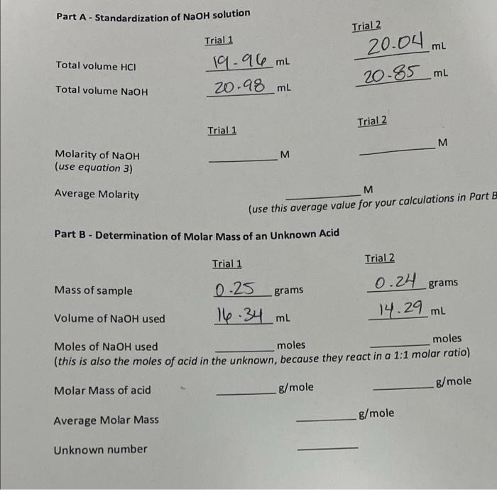 Solved Part A - Standardization of NaOH solution Trial 1 | Chegg.com