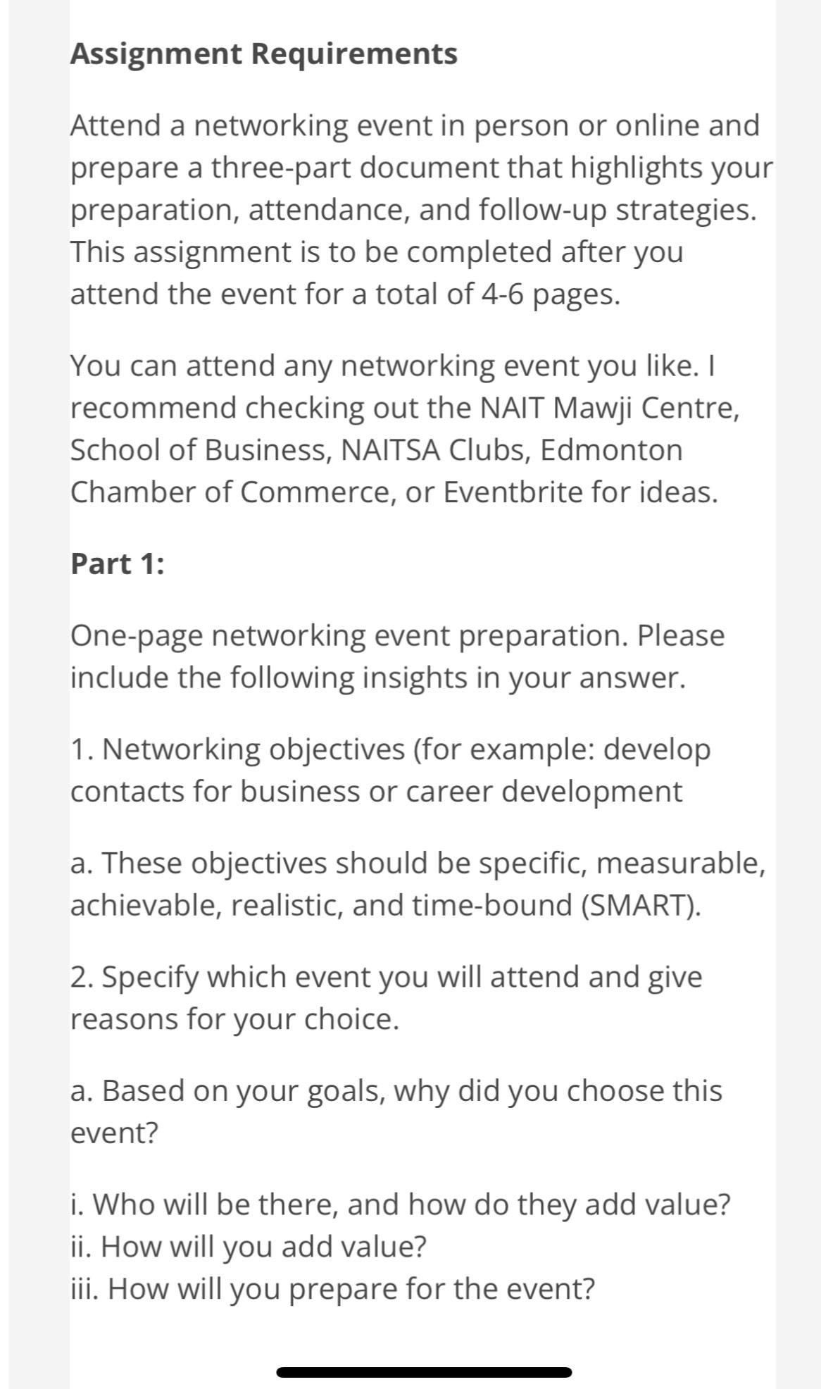 Solved Assignment RequirementsAttend a networking event in | Chegg.com