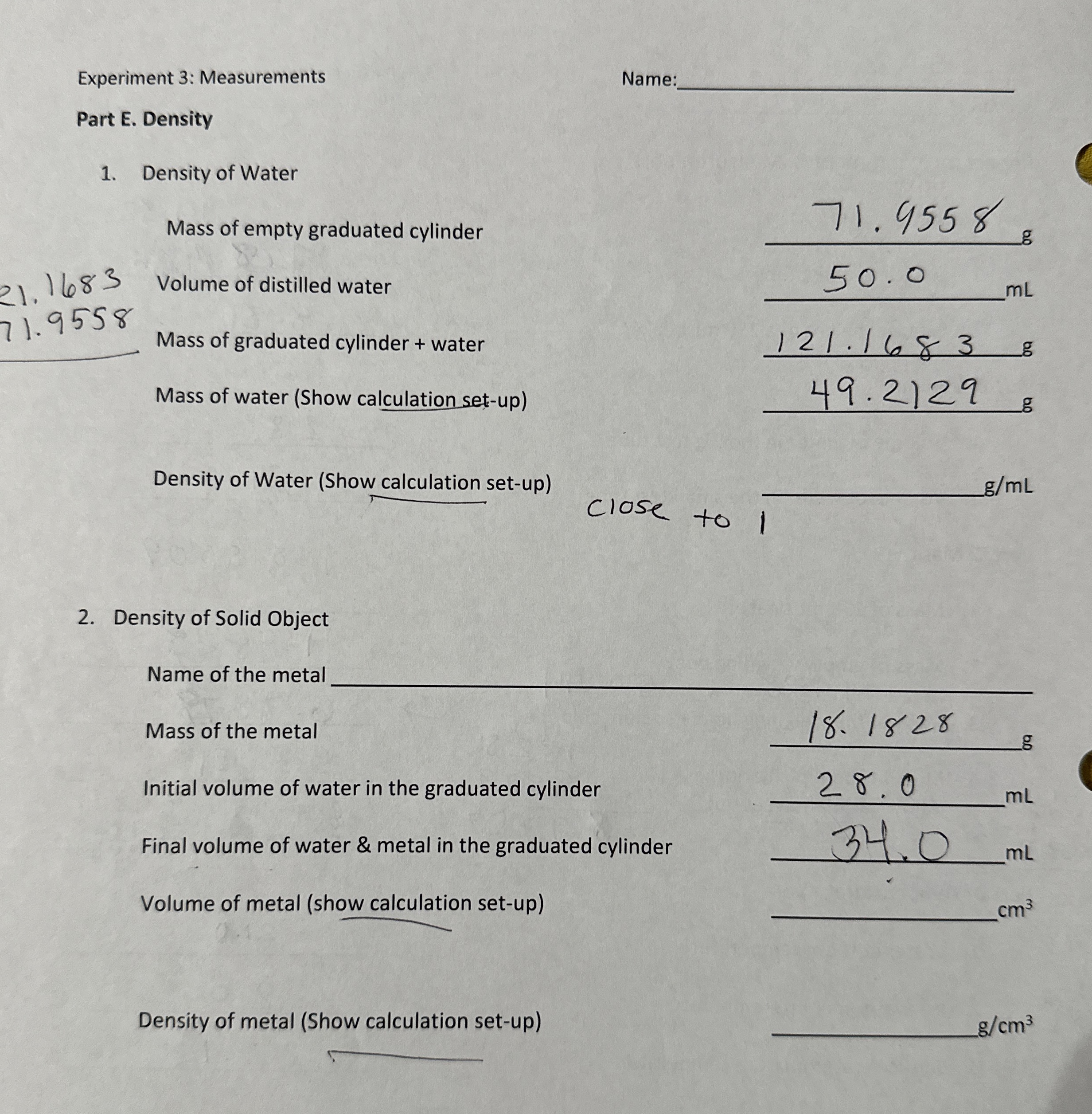 Solved Part E. ﻿DensityDensity of Water1683 ﻿Volume of | Chegg.com