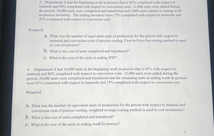 3. Department A had the beginning work in process | Chegg.com