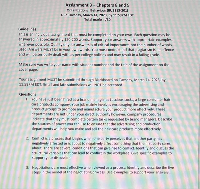 Solved Assignment 3 - Chapters 8 and 9 Organizational | Chegg.com