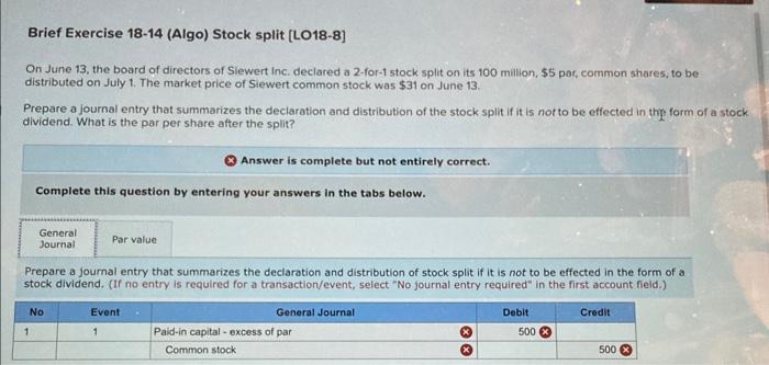 Solved Brief Exercise 18-14 (Algo) Stock split (LO18-8] On | Chegg.com