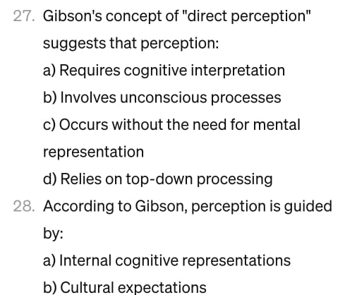 Solved Gibson's concept of "direct perception" suggests that | Chegg.com