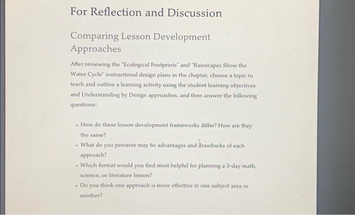 Solved For Reflection and Discussion Comparing Lesson | Chegg.com