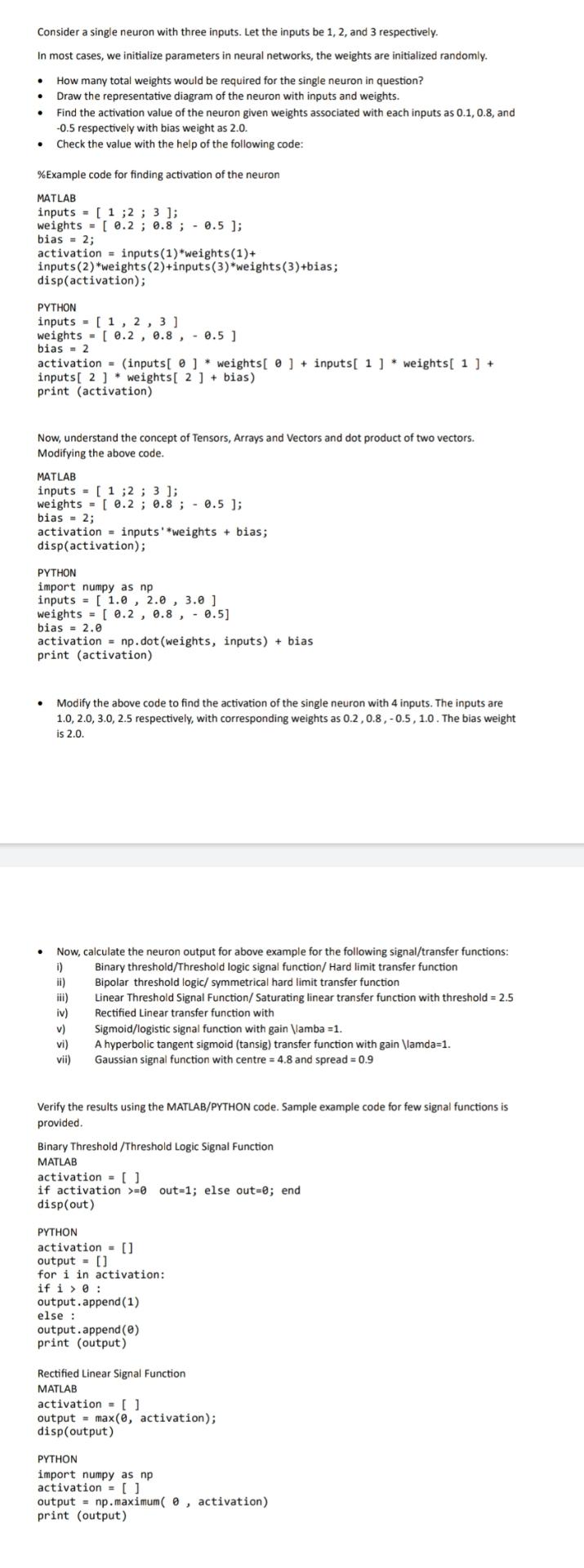 Solved Consider a single neuron with three inputs. Let the | Chegg.com