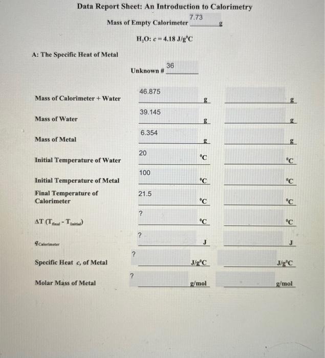 Solved Data Report Sheet: An Introduction to Calorimetry | Chegg.com