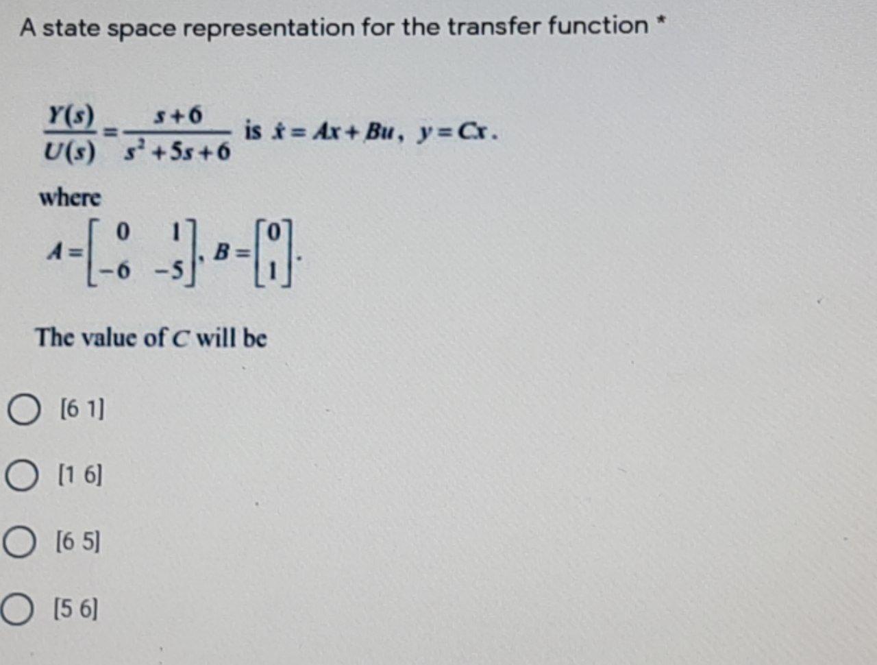 Solved A state space representation for the transfer | Chegg.com
