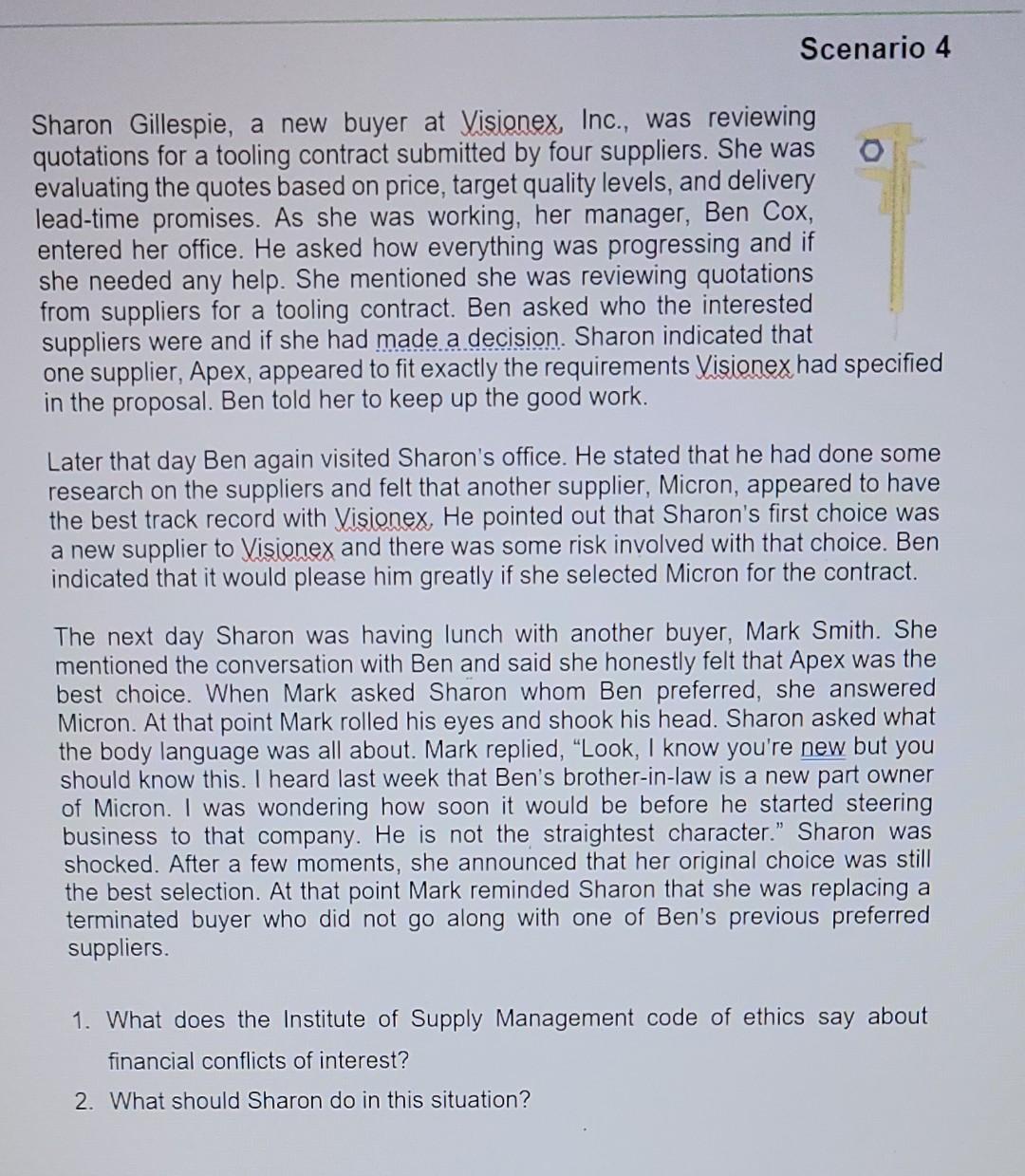 Solved Scenario 4 Sharon Gillespie, a new buyer at Visionex, | Chegg.com