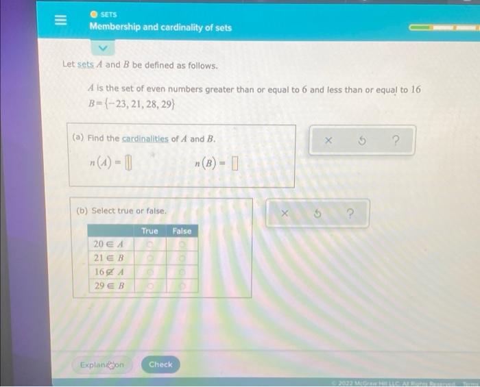 Solved SETS Membership and cardinality of sets Let sets A | Chegg.com