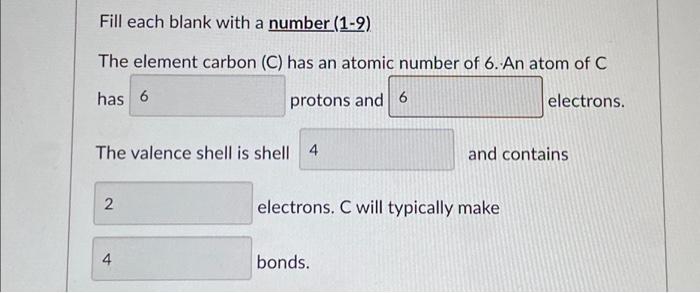 Solved Fill each blank with a number (1-9)The element carbon | Chegg.com