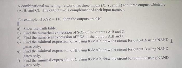 Solved A combinational switching network has three inputs | Chegg.com