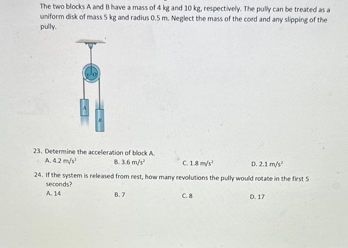 Solved The two blocks A and B have a mass of 4 kg and 10 kg, | Chegg.com