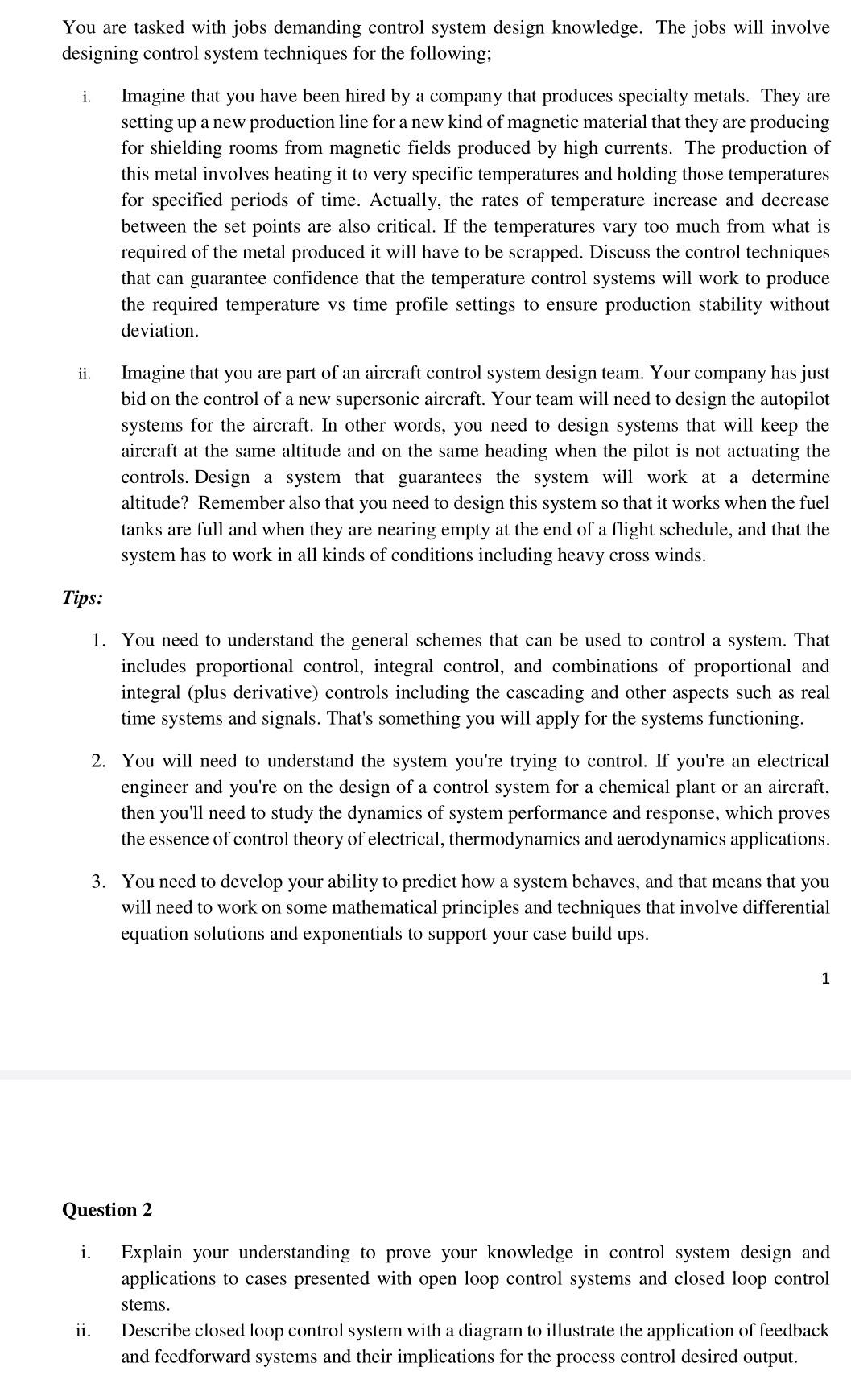 Solved You are tasked with jobs demanding control system | Chegg.com