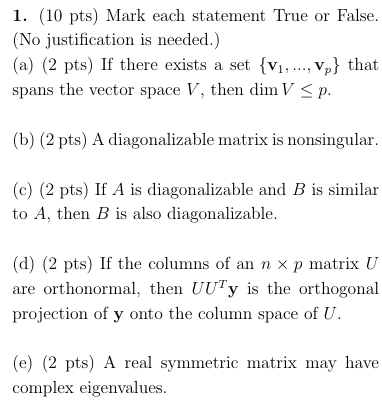 Solved (10 ﻿pts) ﻿Mark each statement True or False.(No | Chegg.com