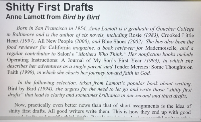 Shitty First Drafts Anne Lamott from Bird by Bird | Chegg.com