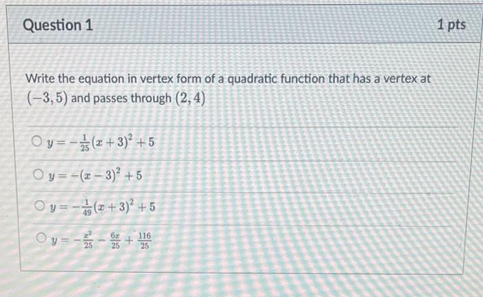 Solved Write the equation in vertex form of a quadratic | Chegg.com