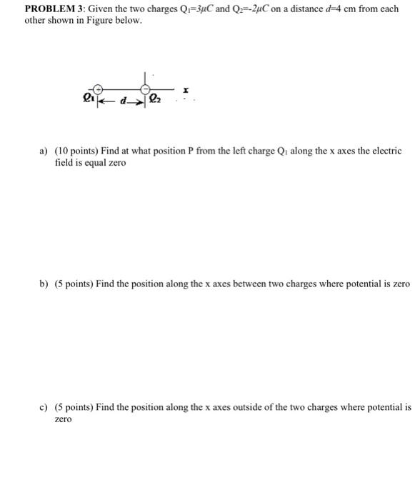 Solved PROBLEM 3: Given the two charges Q1=3μC and Q2=−2μC | Chegg.com