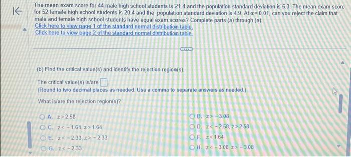 Solved The mean exam score for 44 male high school students | Chegg.com