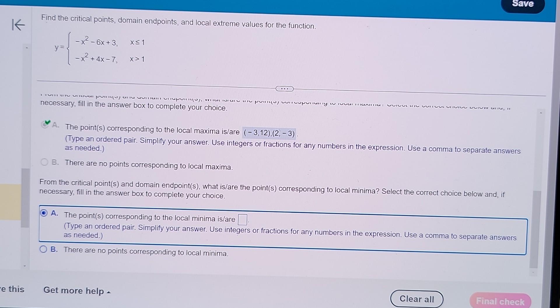 Solved Find the critical points, domain endpoints, and local | Chegg.com