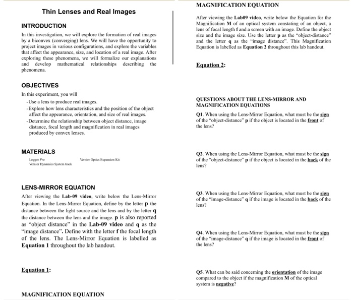 Solved MAGNIFICATION EQUATION Thin Lenses and Real Images | Chegg.com