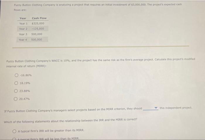 Solved Fuzzy Button Clothing Company is analyzing a project | Chegg.com