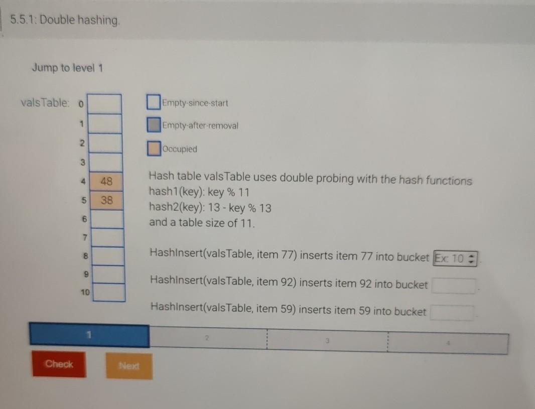Solved 5.5.1: Double hashing. Jump to level 1 vals Table: 0 | Chegg.com