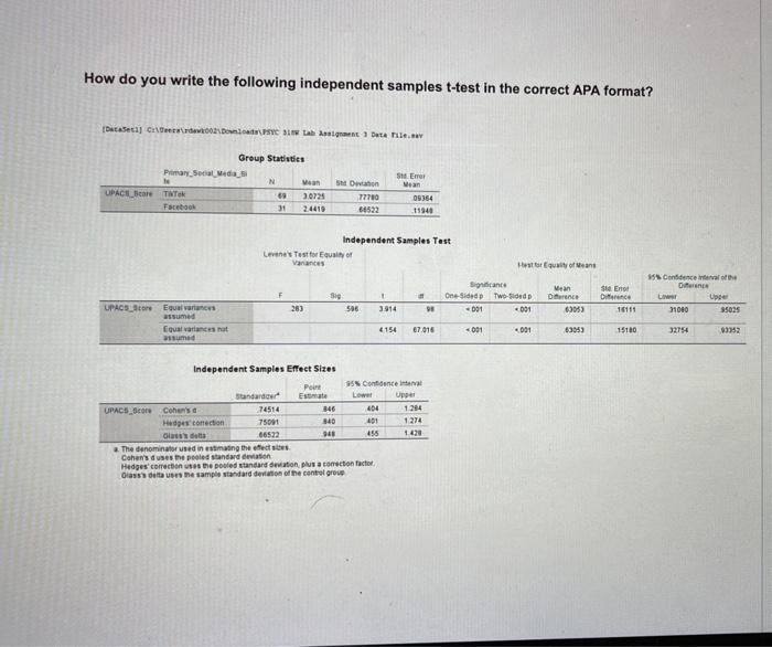How do you write the following independent samples | Chegg.com