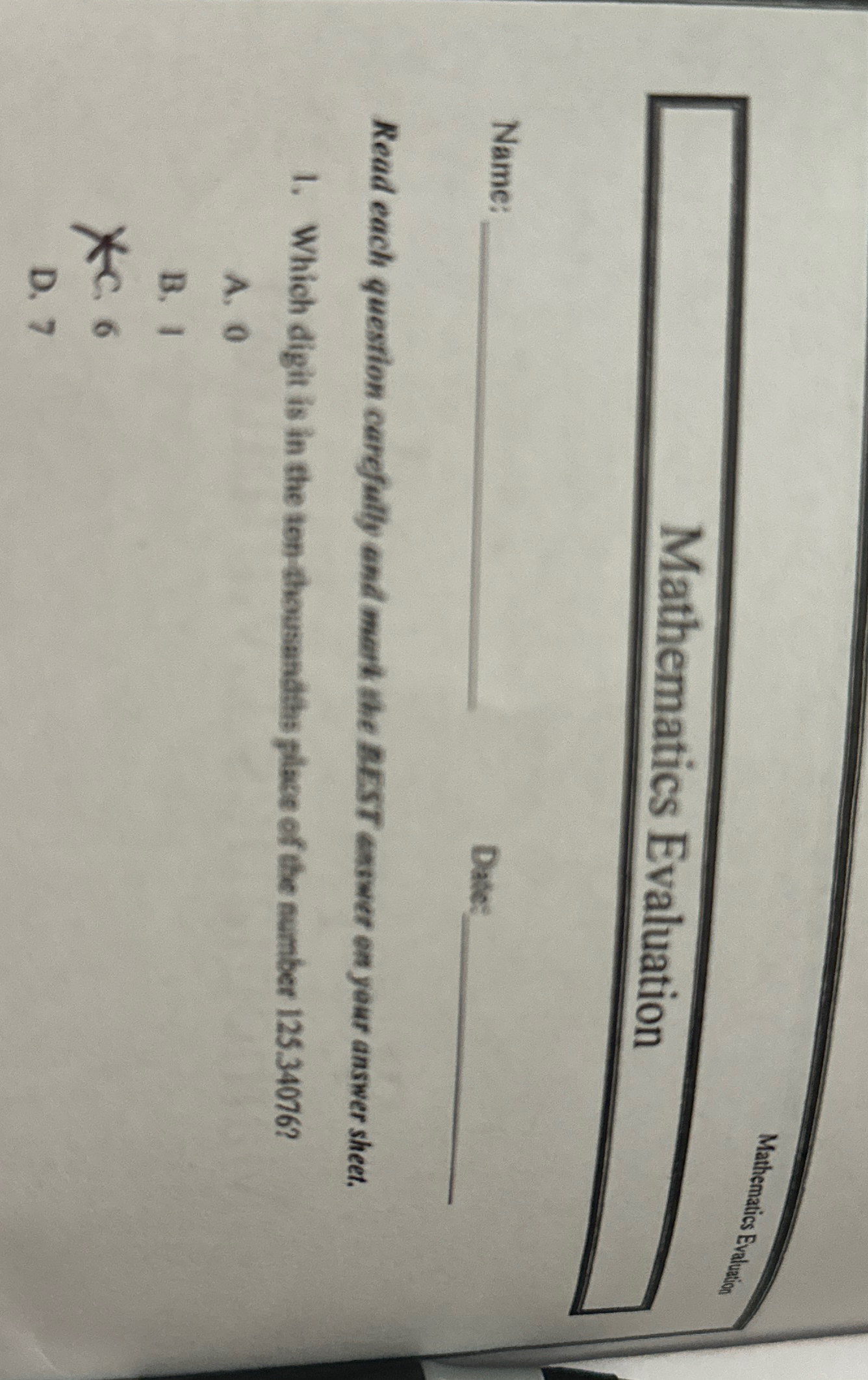 Solved Mathematics EvaluationMathematics EvaluationName: q, | Chegg.com