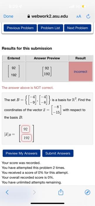 Solved Done webwork2.asu.edu AA Ć Previous Problem Problem | Chegg.com