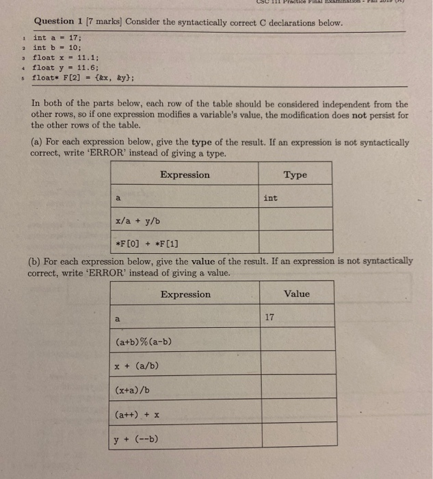 Solved CSU Practice PII H ALIL Question 1 [7 marks) Consider | Chegg.com