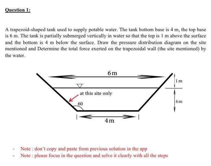 Solved Question 1: A trapezoid-shaped tank used to supply | Chegg.com