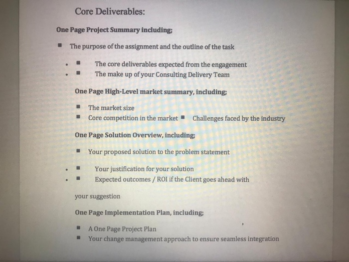 Core Deliverables: One Page Project Summary | Chegg.com