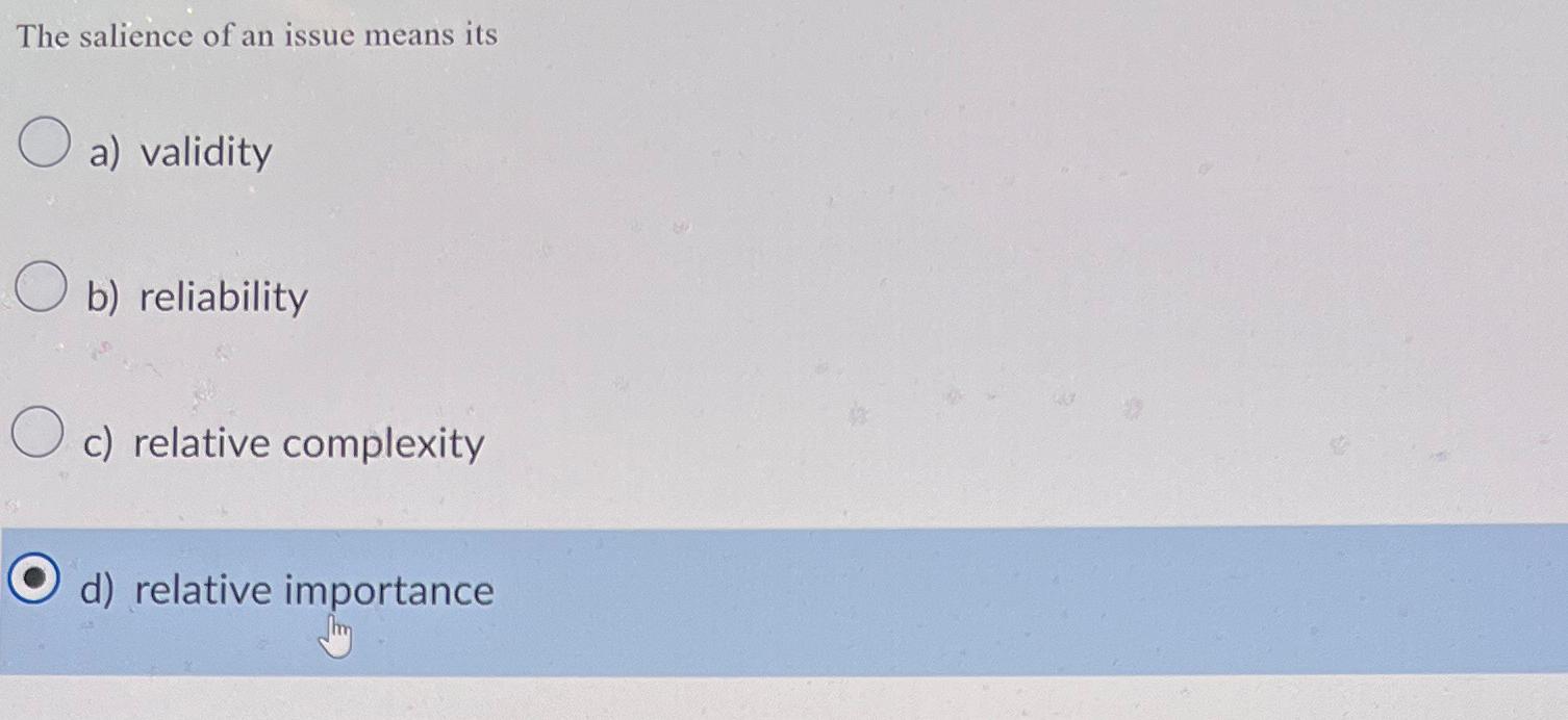 Solved The salience of an issue means itsa) ﻿validityb) | Chegg.com