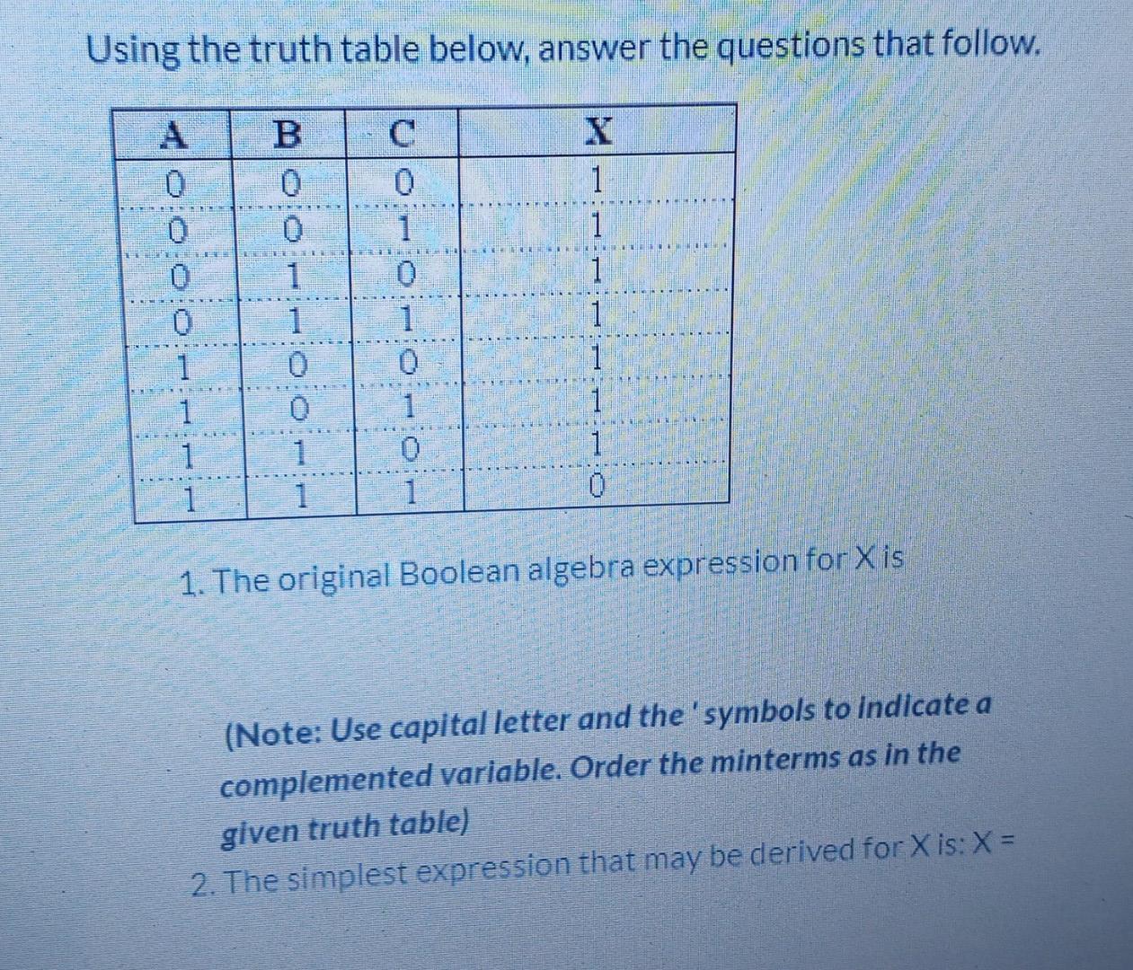 Solved Using the truth table below, answer the questions | Chegg.com