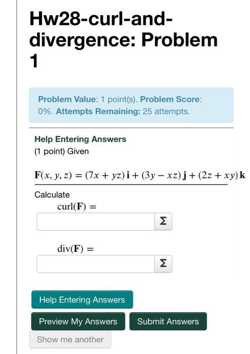Solved Hw28-curl-and- divergence: Problem 1 Problem Value: 1 | Chegg.com
