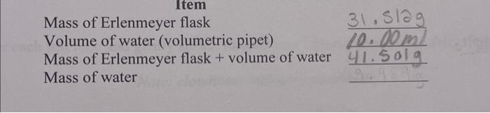 Solved Mass of Erlenmeyer flask Volume of water (volumetric | Chegg.com