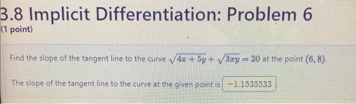 Solved 3.8 Implicit Differentiation: Problem 6 1 point) Find | Chegg.com