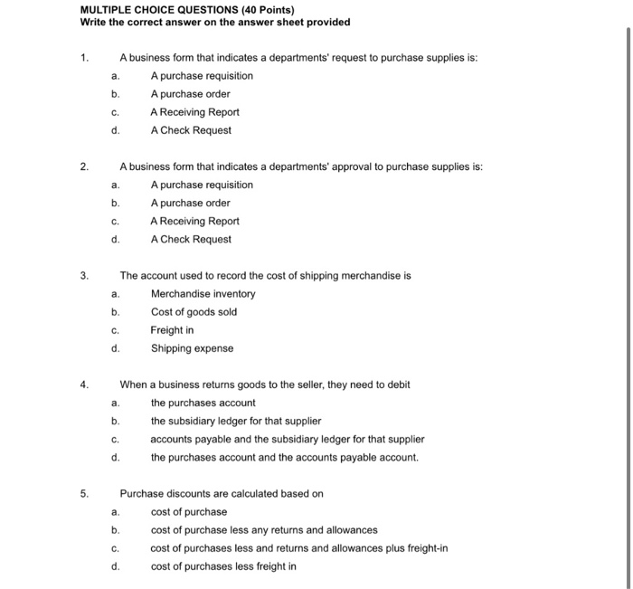 Solved MULTIPLE CHOICE QUESTIONS (40 Points) Write the | Chegg.com