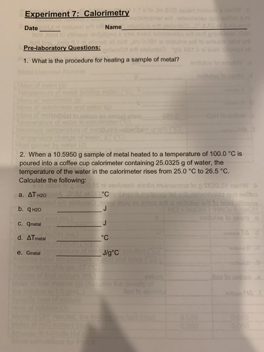 Solved Experiment 7: Calorimetry Date Name Pre-laboratory | Chegg.com