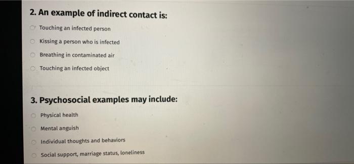 Solved 2. An example of indirect contact is: Touching an | Chegg.com