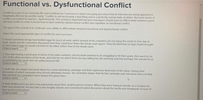 Solved Functional vs. Dysfunctional Conflict Conflict is a | Chegg.com