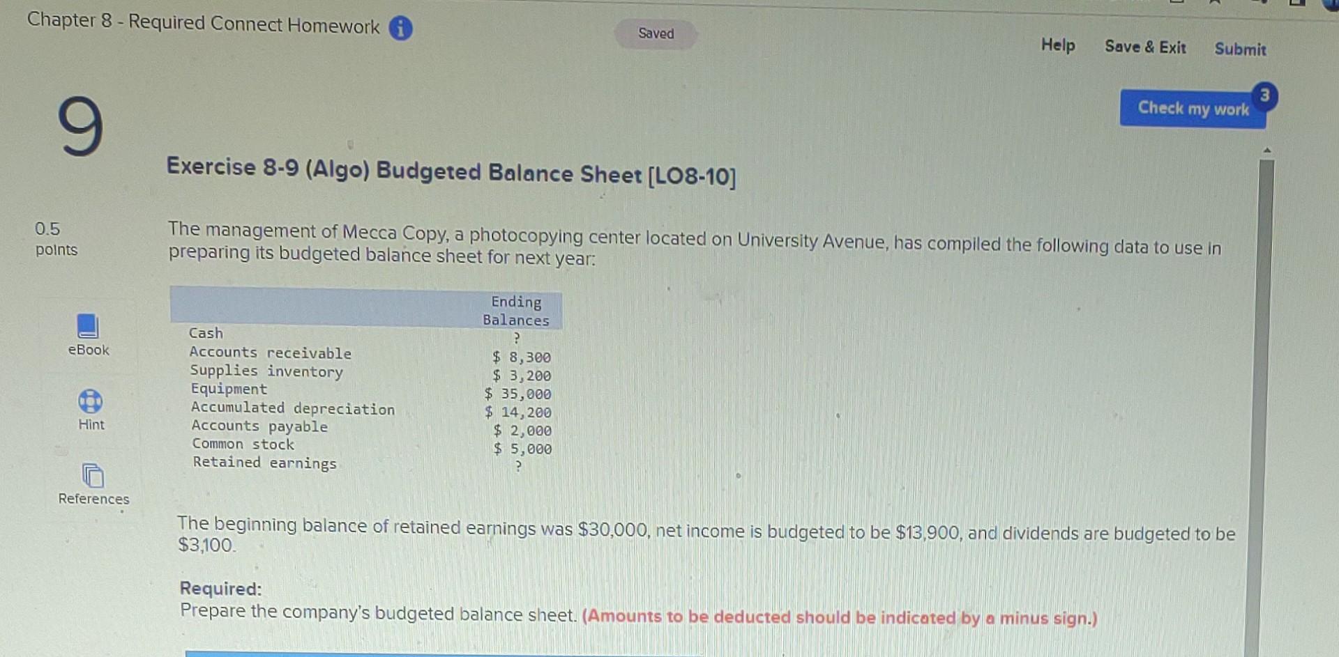 Solved Exercise 8-9 (Algo) Budgeted Balance Sheet [LO8-10] | Chegg.com