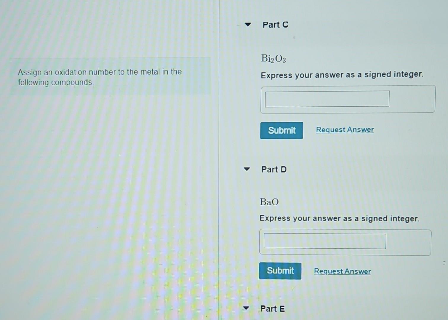Solved Bi2O3 Express your answer as a signed integer. Part D | Chegg.com