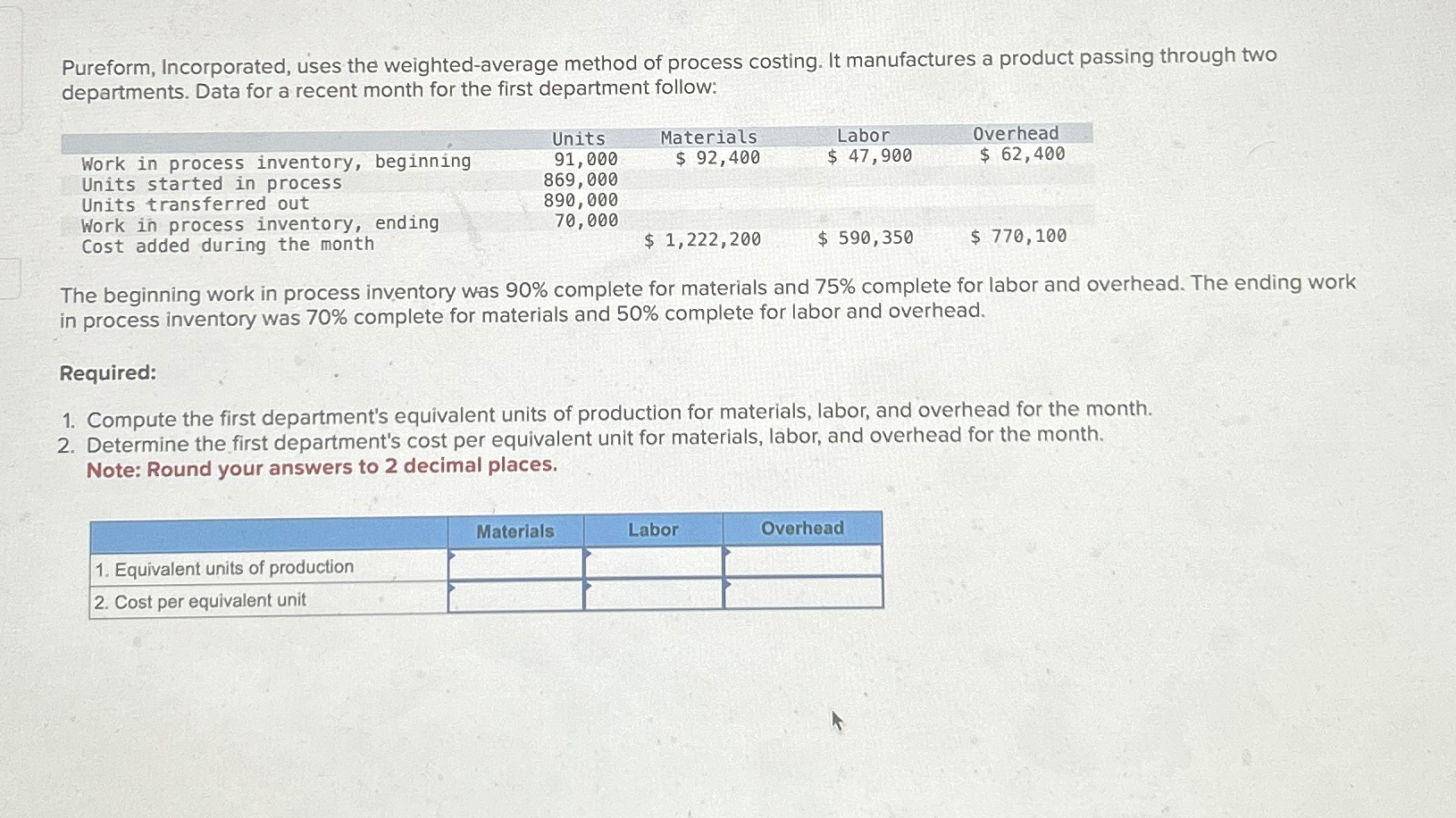 Solved Pureform, Incorporated, uses the weighted-average | Chegg.com