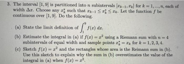 Solved The interval [1,9] is partitioned into n subintervals | Chegg.com