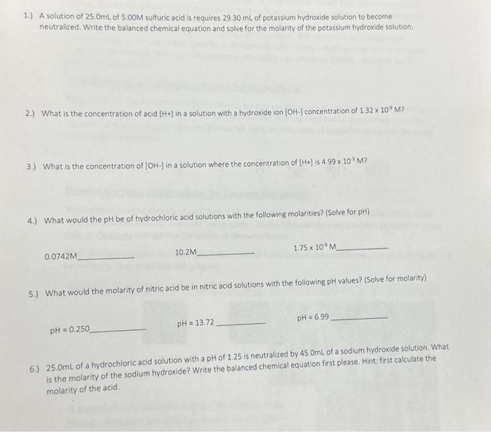Solved 1.) A solution of 25.0 mL of 5.00M sulfuric acid is | Chegg.com