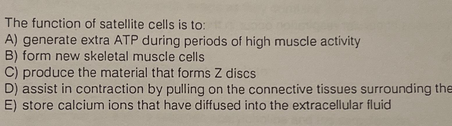 Solved The function of satellite cells is to:A) ﻿generate | Chegg.com